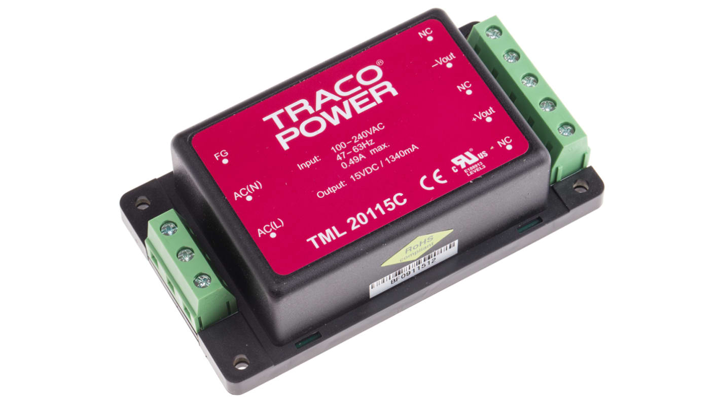 TML 20115C | TRACOPOWER Switching Power Supply, 15V dc, 1.34A, 20W, 1 ...