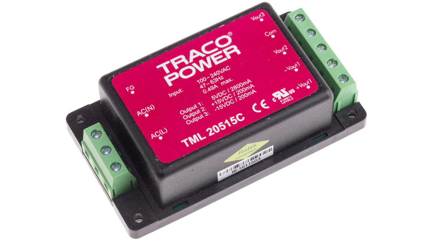 TML 20515C | TRACOPOWER Switching Power Supply, 5 V dc, ±15 V dc, 2.8 A ...