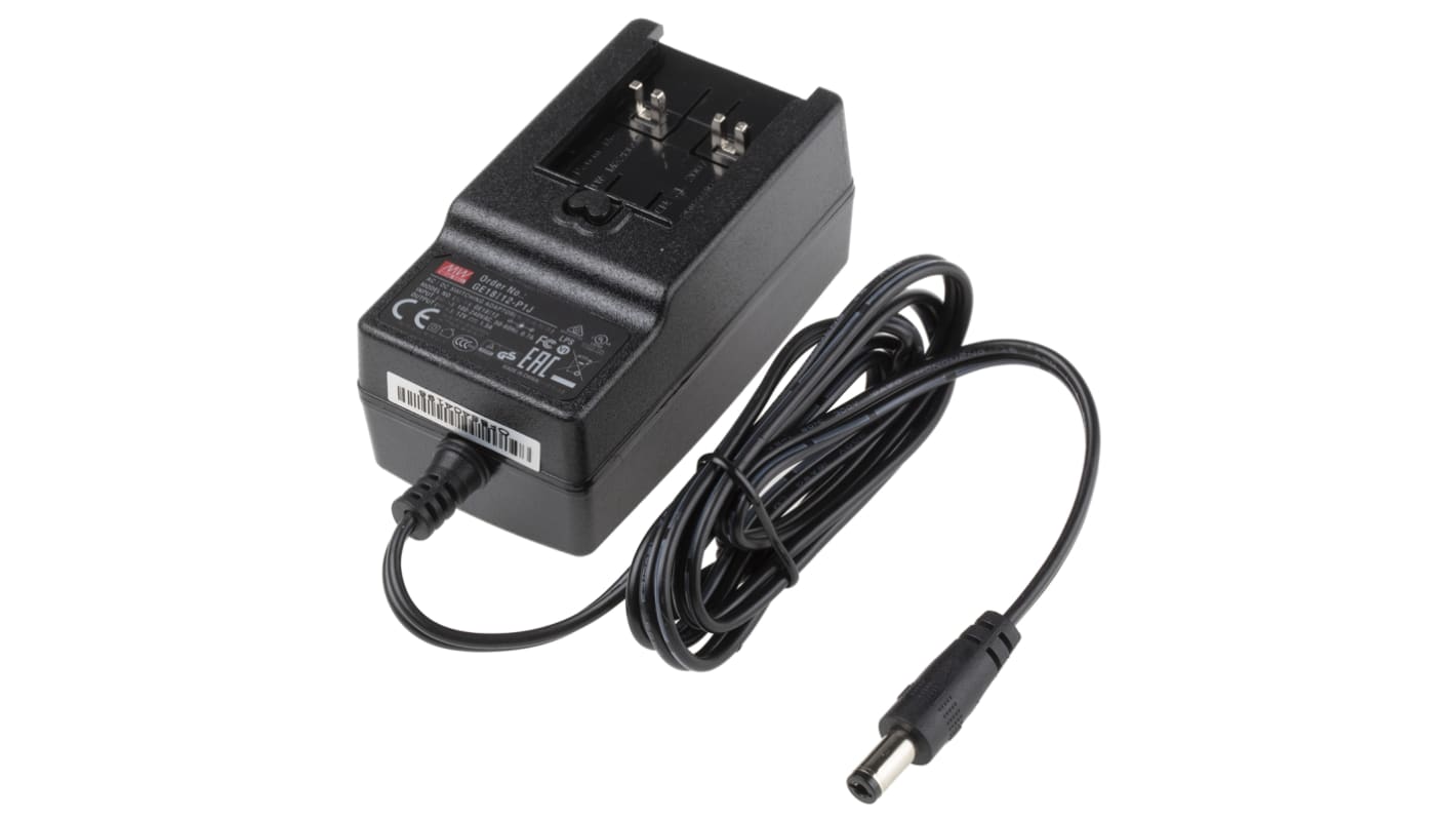 GE18I12-P1J | MEAN WELL 18W Plug-In AC/DC Adapter 12V dc Output, 1.5A Output | RS