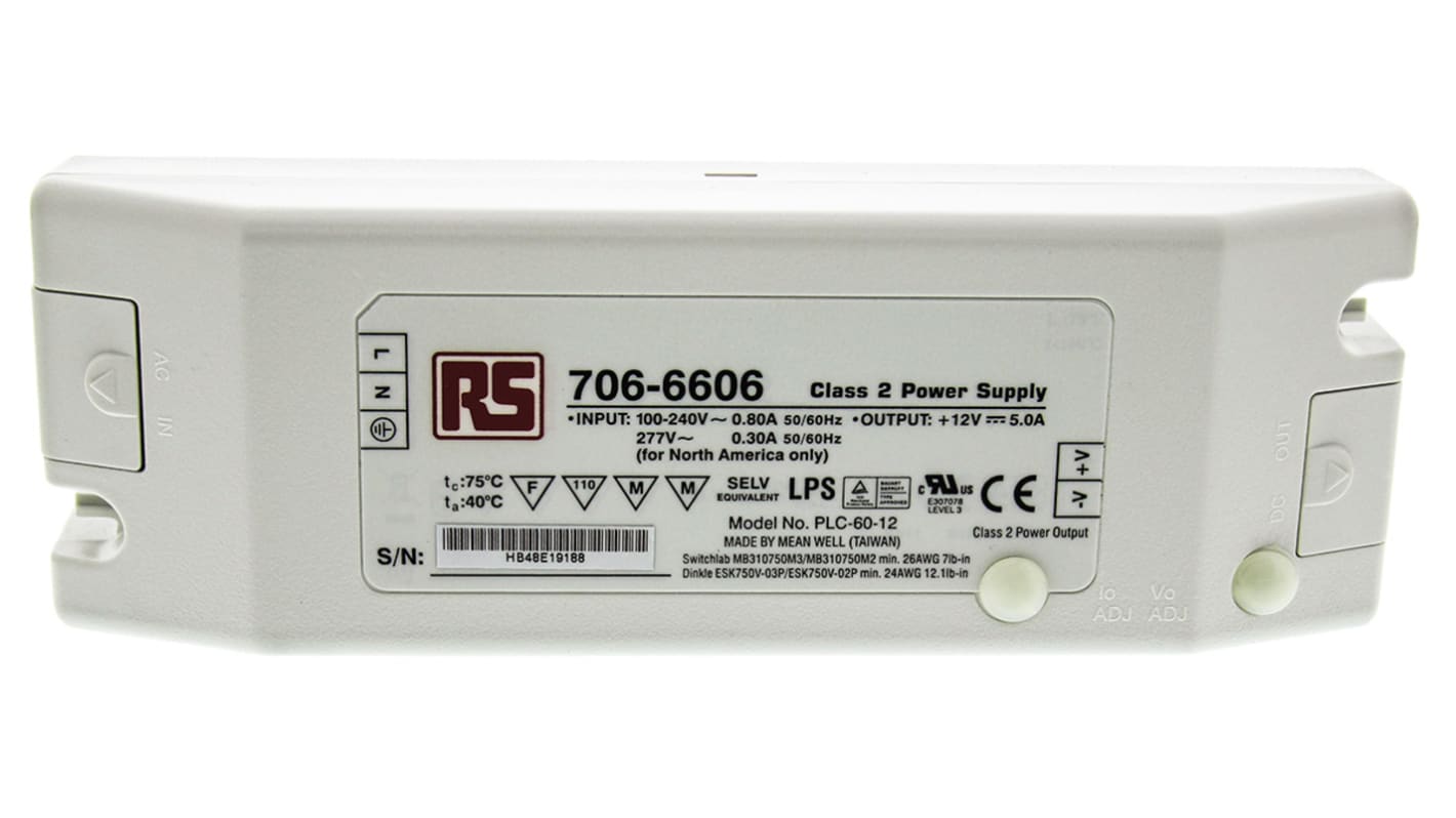 PLC-60-12RS | MEAN WELL LED Driver, 12V Output, 60W Output, 5A Output, Constant Voltage | RS