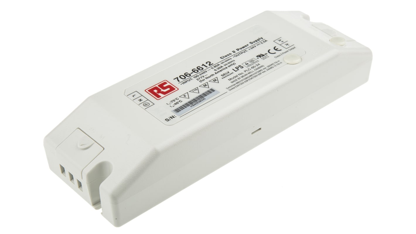 PLC-60-24RS | MEAN WELL LED Driver, 24V Output, 60W Output, 2.5A Output, Constant Voltage | RS