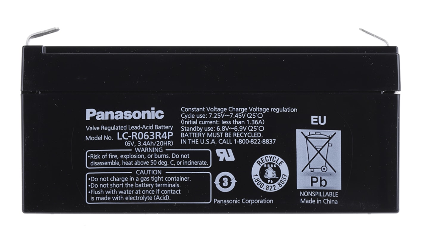 LC-R063R4P | Panasonic 6V Faston F1 Sealed Lead Acid Battery, 3.4Ah | RS