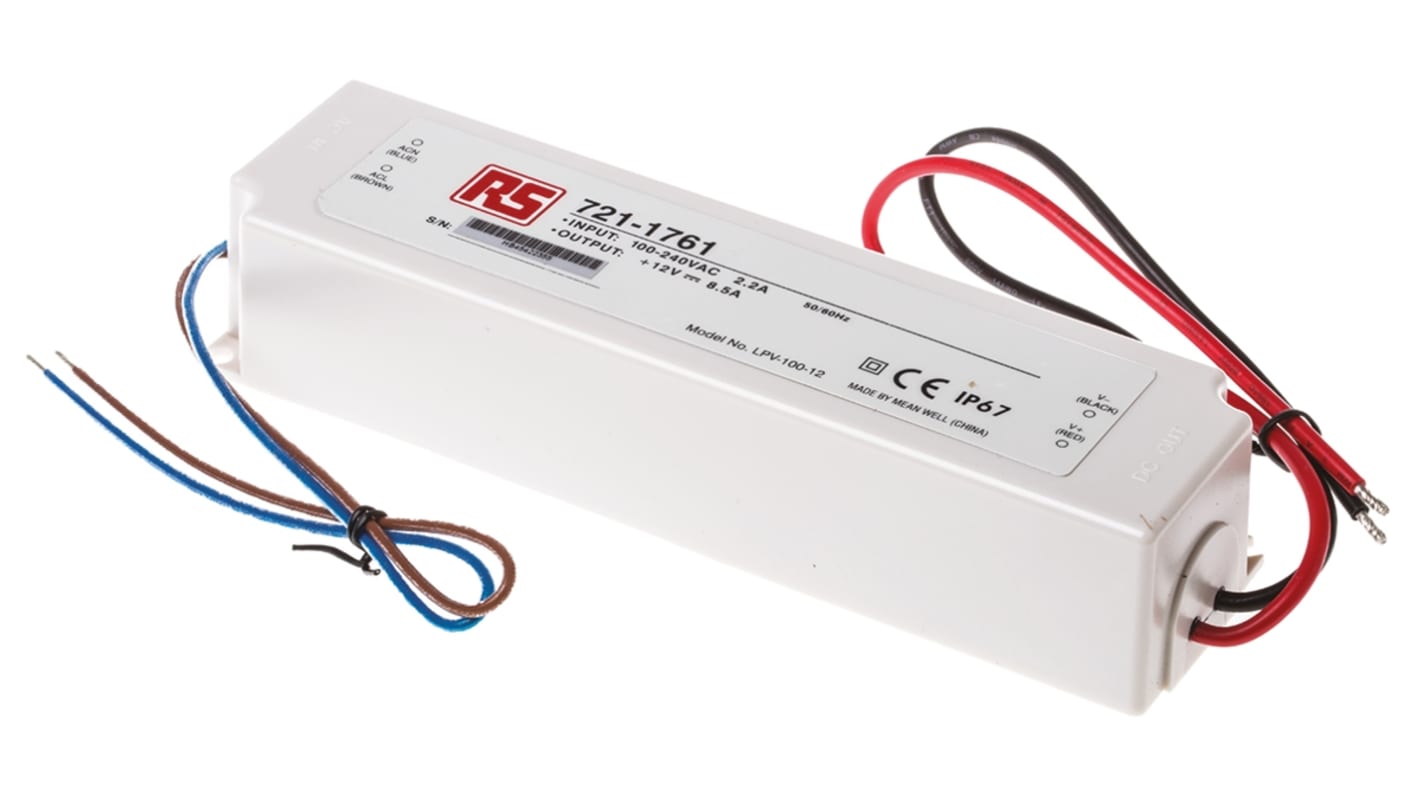 LPV-100-12RS | MEAN WELL LED Driver, 12V Output, 102W Output, 8.5A Output, Constant Voltage | RS