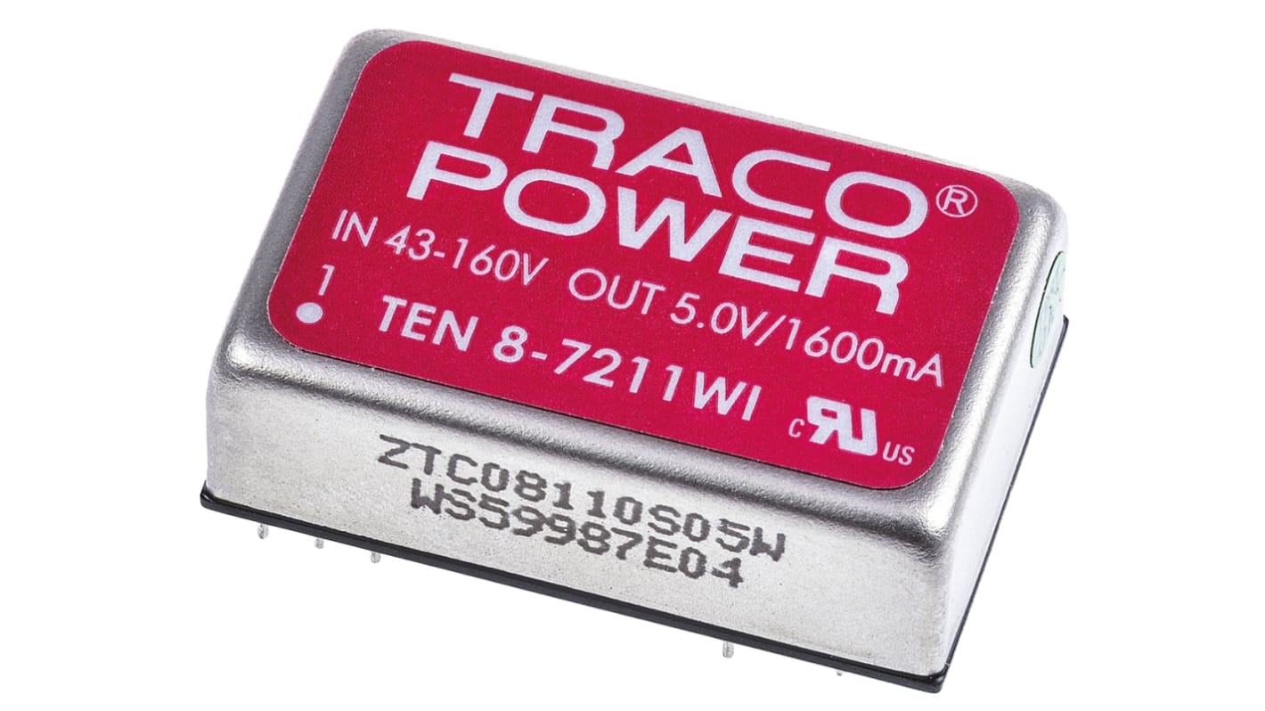 TEN 8-7211WI | TRACOPOWER TEN 8WI DC-DC Converter, 5V dc/ 1.6A Output, 43 → 160 V dc Input, 8W ...