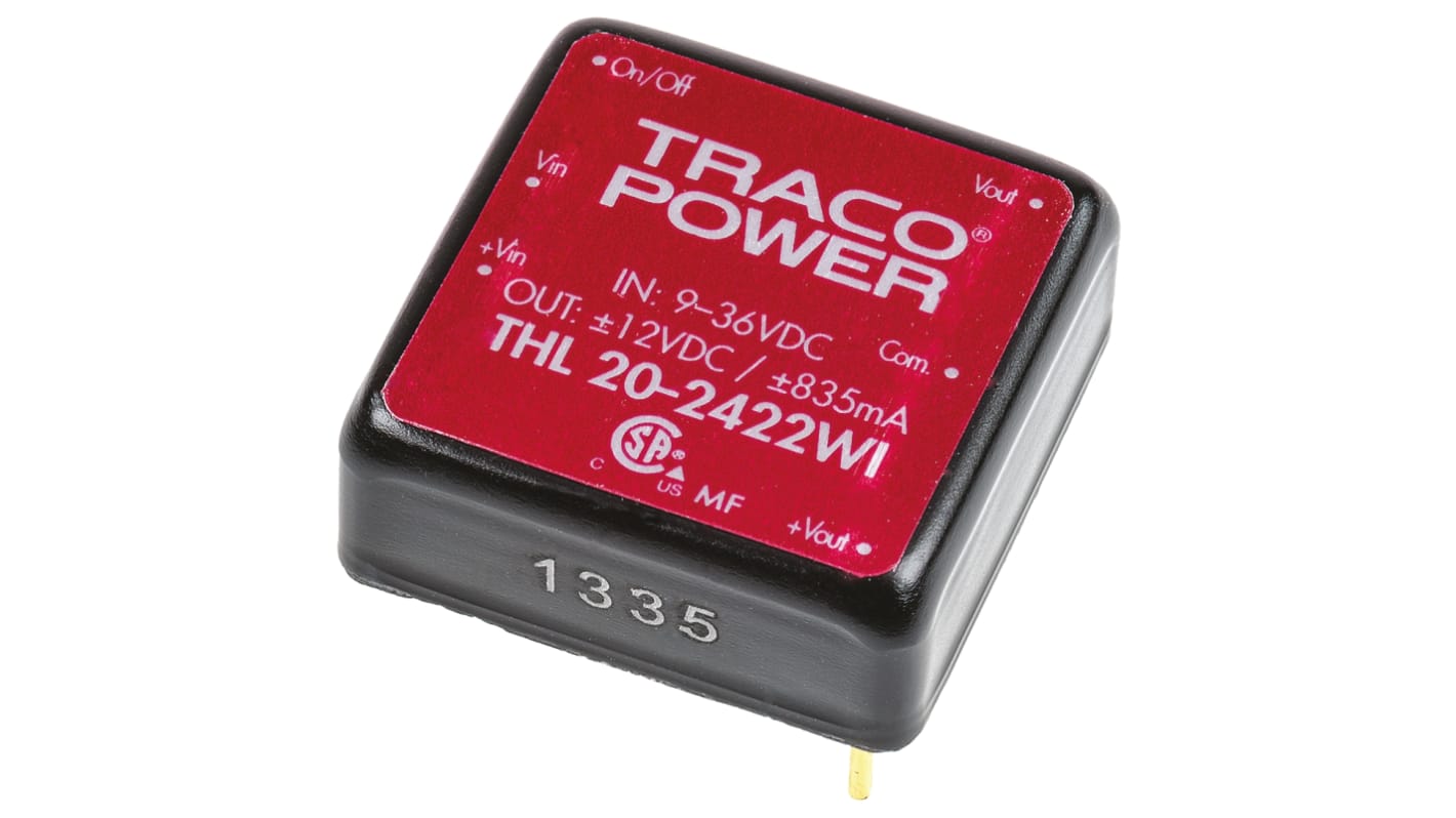 THL 20-2422WI | TRACOPOWER THL 20WI DC-DC Converter, ±12V dc/ ±835mA Output, 9 → 36 V dc Input ...