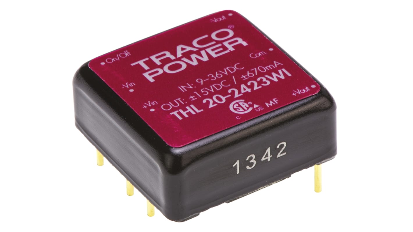 THL 20-2423WI | TRACOPOWER THL 20WI DC-DC Converter, ±15V dc/ ±670mA Output, 9 → 36 V dc Input ...