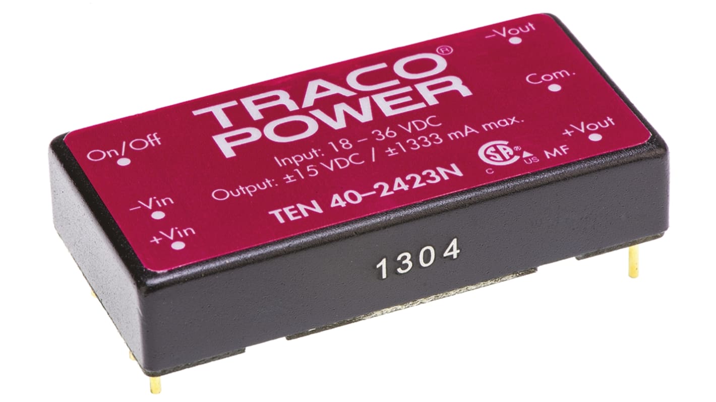TEN 40-2423N | TRACOPOWER TEN 40N DC-DC Converter, ±15V dc/ ±1.33A Output, 18 → 36 V dc Input ...