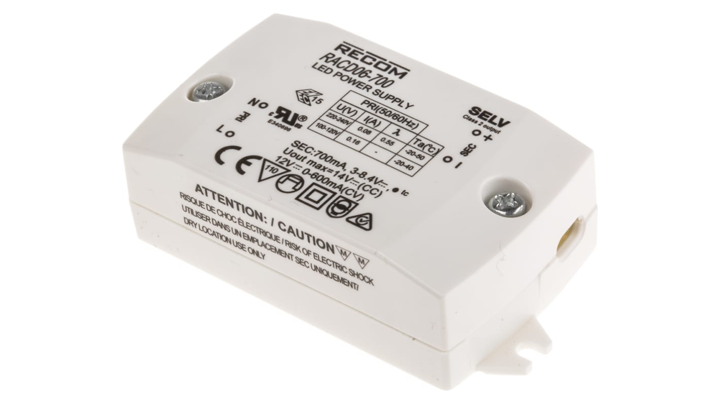 RACD06-700 | Recom LED Driver, 3 → 12V dc Output, 6W Output, 700mA Output, Constant Current ...