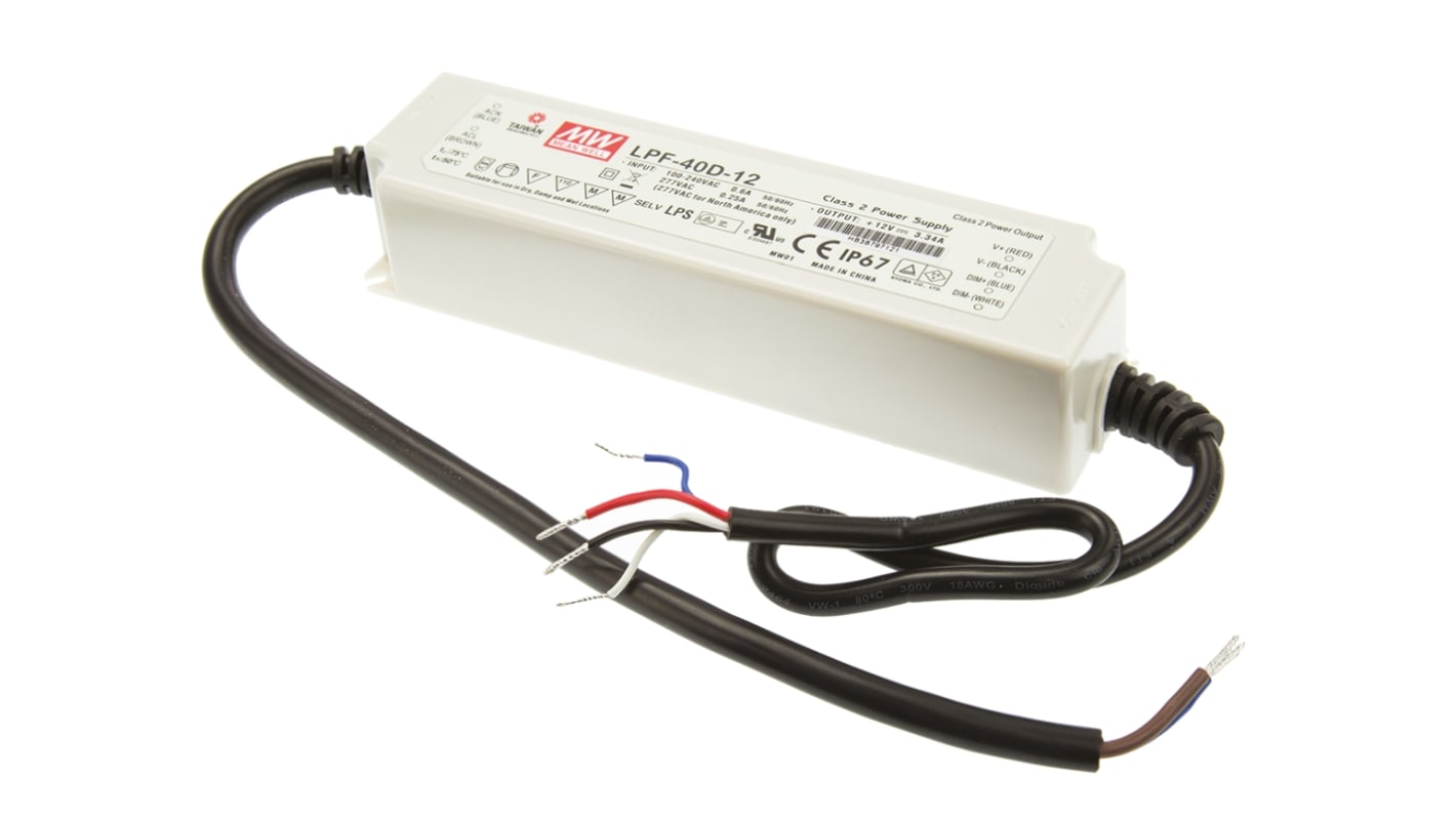 LPF-40D-12 | MEAN WELL LED Driver, 12V Output, 40.08W Output, 3.34A Output, Constant Voltage ...