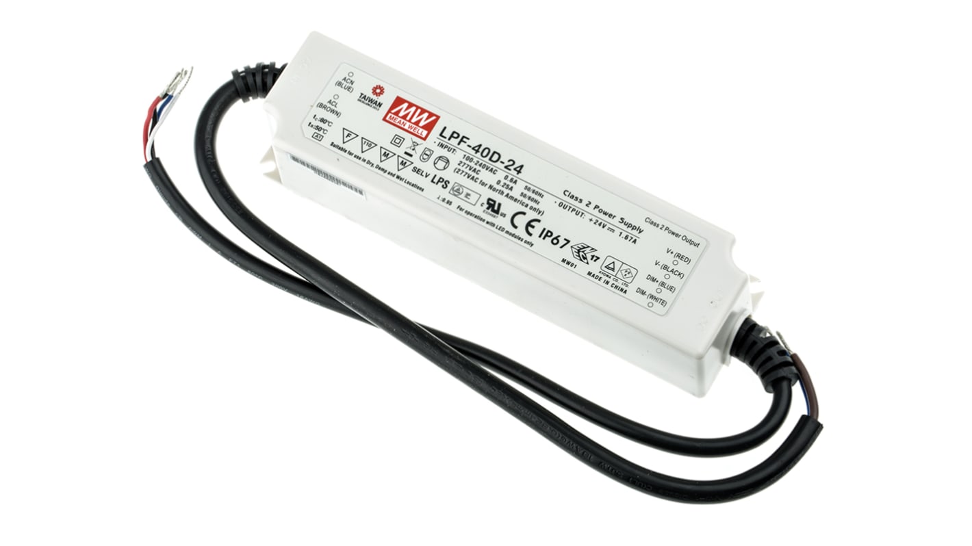 LPF-40D-24 | MEAN WELL LED Driver, 24V Output, 40.08W Output, 1.67A Output, Constant Voltage ...