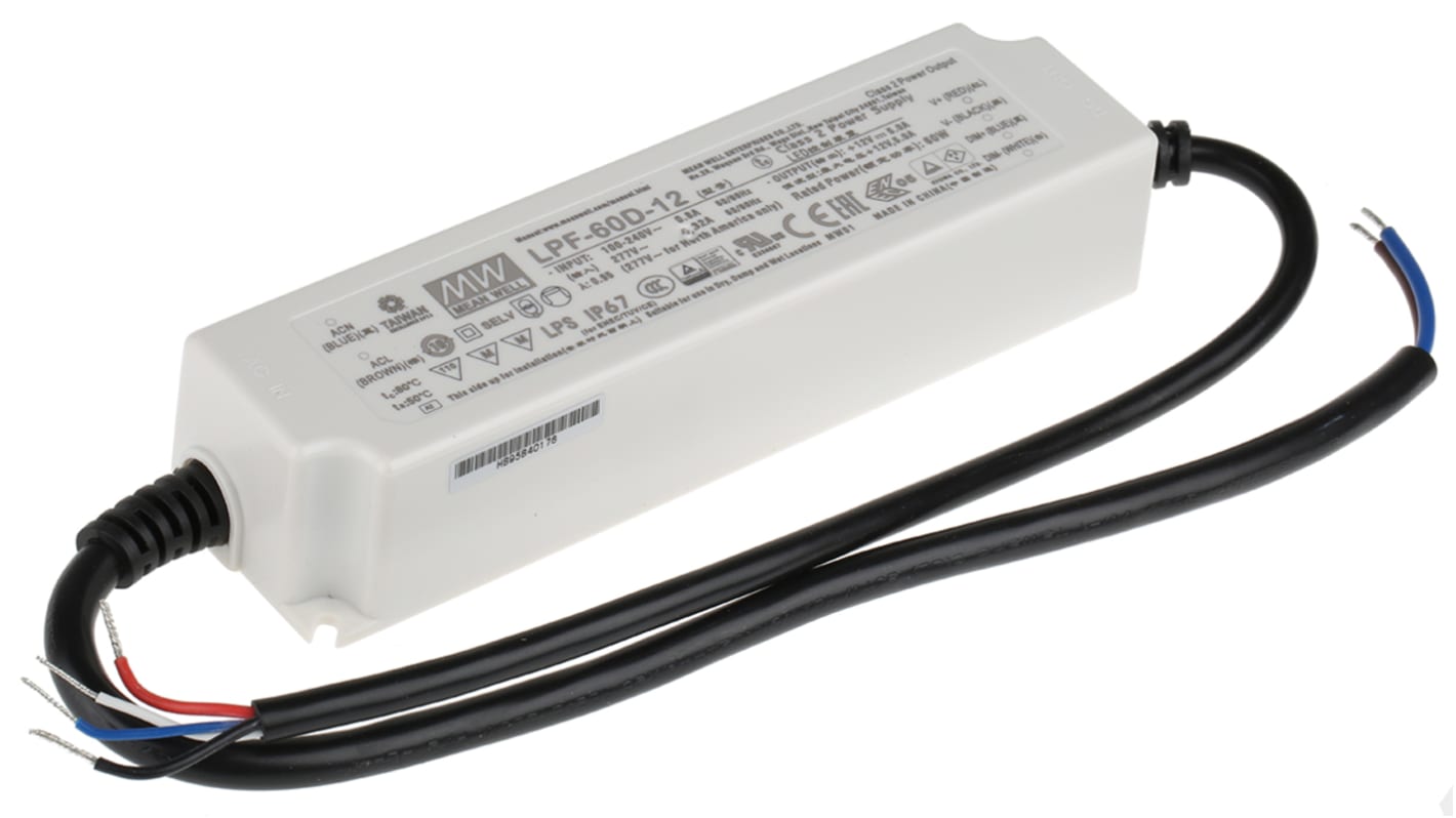 LPF-60D-12 | MEAN WELL LED Driver, 12V Output, 60W Output, 5A Output, Constant Voltage Dimmable | RS