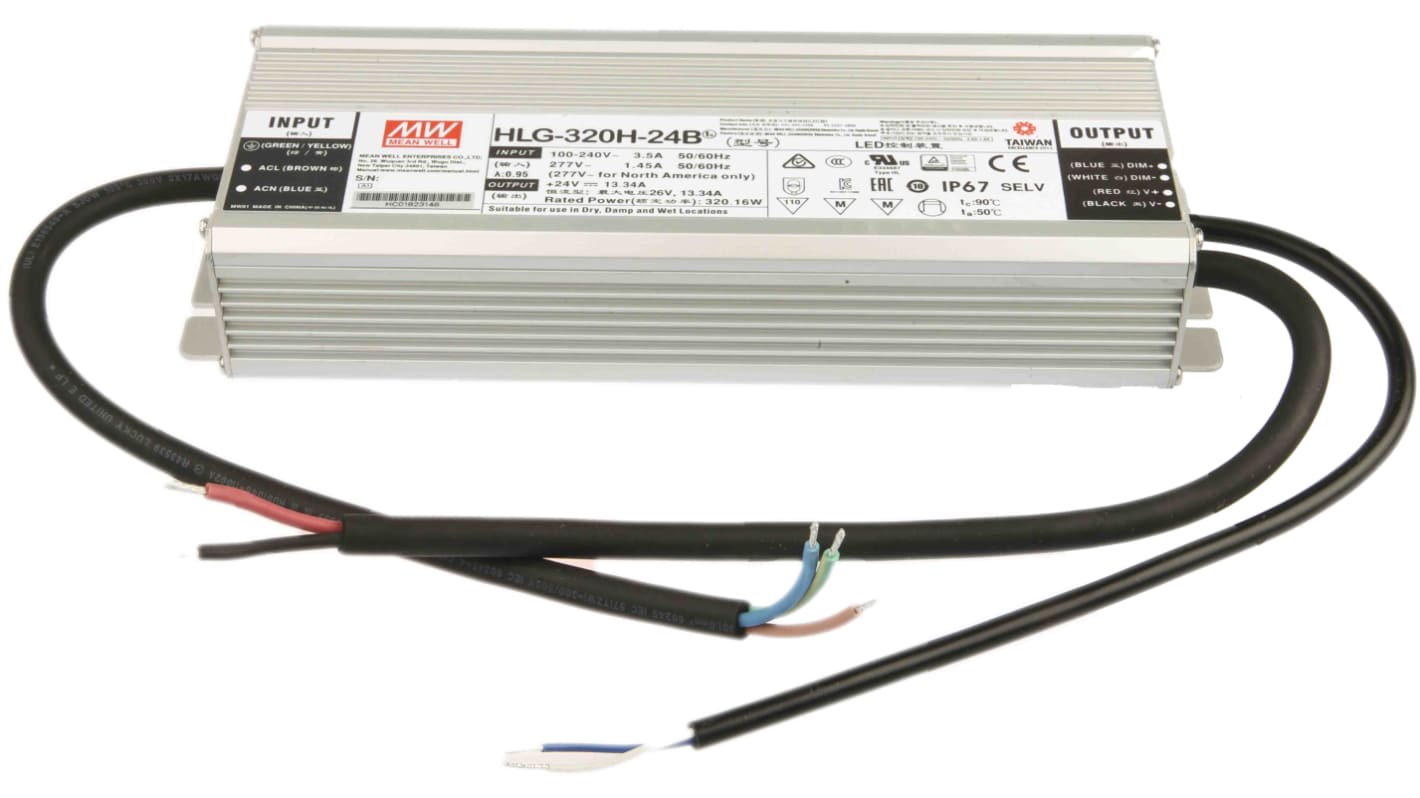 HLG-320H-24B | MEAN WELL LED Driver, 24V Output, 320.16W Output, 13.34A ...
