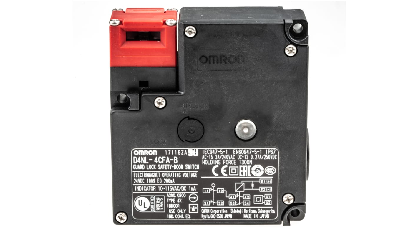 D4NL-4CFA-B | Interruptor de bloqueo por solenoide Omron D4NL D4NL, 24V dc, 2NC + 1NC/1NO, cont ...