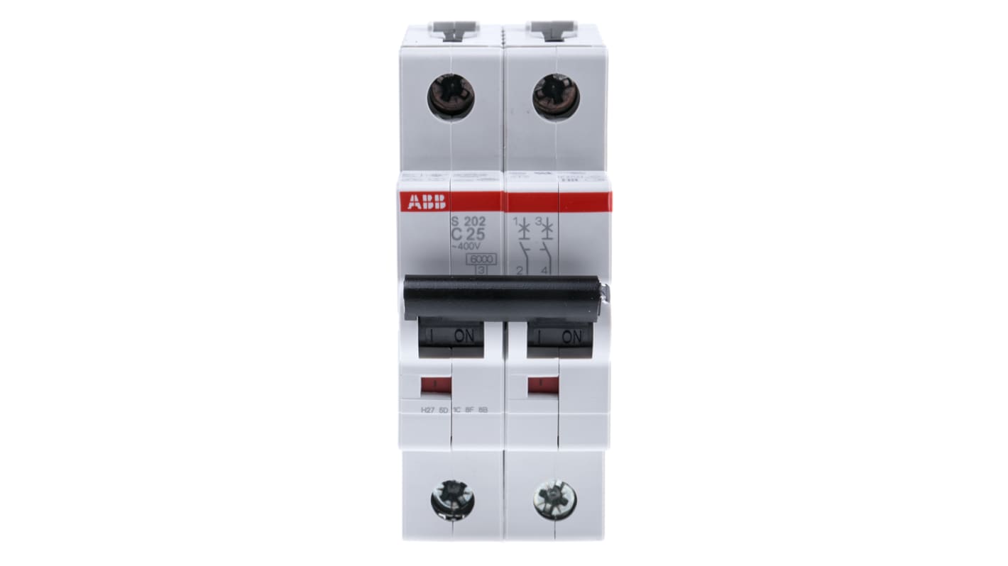 2CDS252001R0254 S202-C25 | ABB System Pro M Compact S200 MCB, 2P, 25A Curve C, 400V AC, 6 kA ...