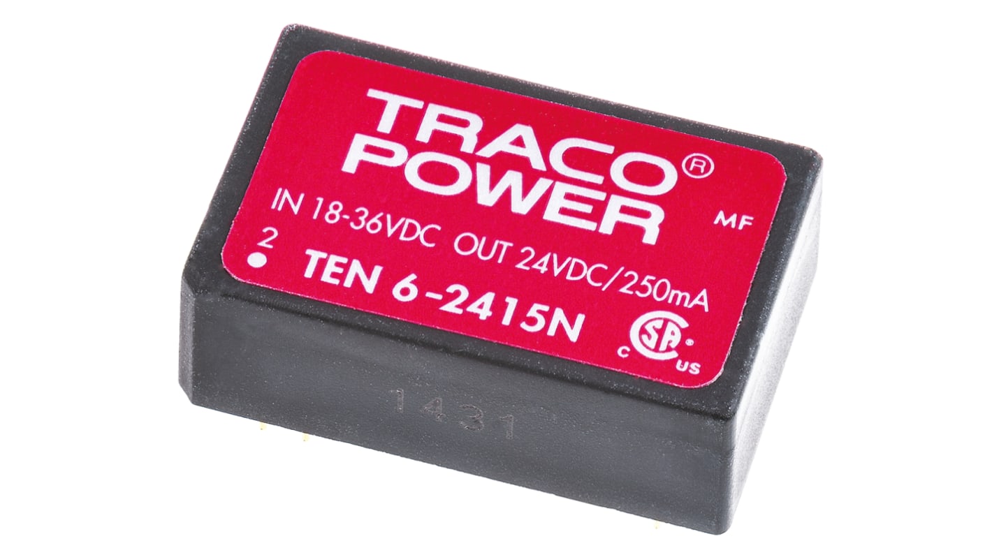 TEN 6-2415N | TRACOPOWER TEN 6N DC-DC Converter, 24V dc/ 250mA Output, 18 → 36 V dc Input, 6W ...