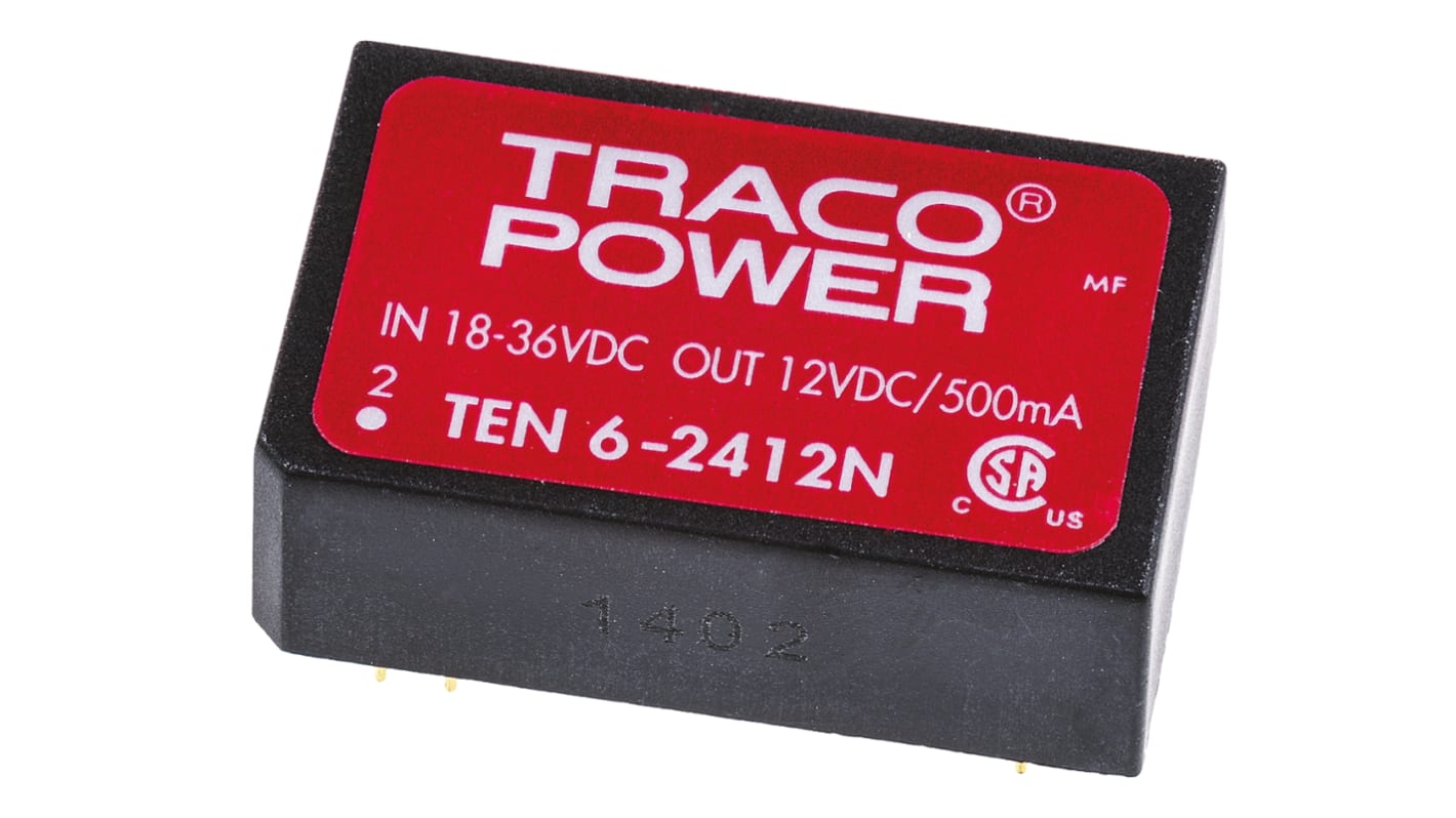 TEN 6-2412N | TRACOPOWER TEN 6N DC-DC Converter, 12V dc/ 500mA Output, 18 → 36 V dc Input, 6W ...