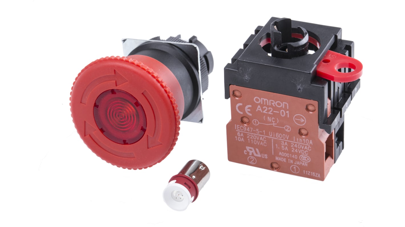 A22EL-M-24A-01 | Omron A22E Series Twist Release Illuminated Emergency Stop Push Button, Panel ...