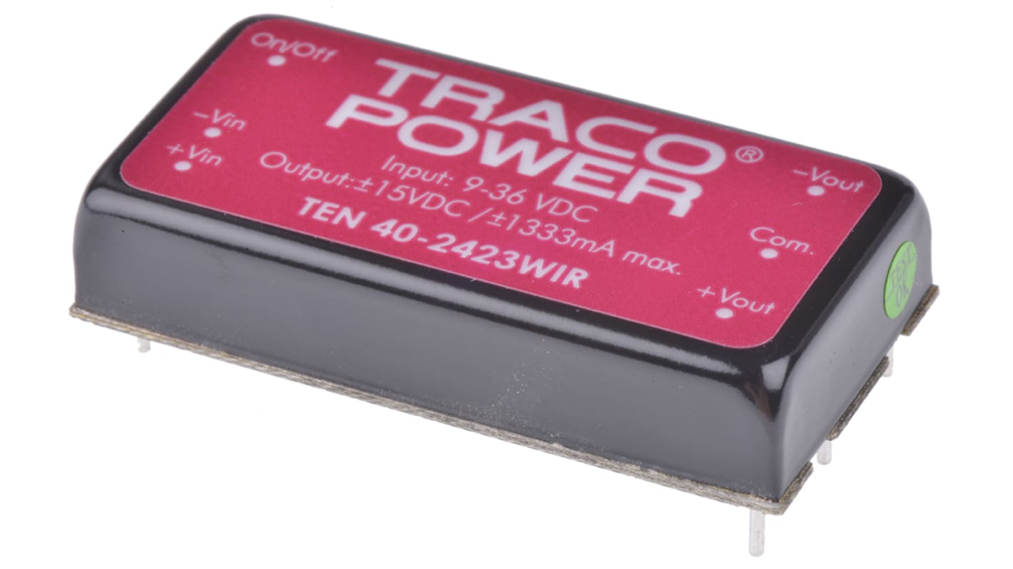 TEN 40-2423WIR | TRACOPOWER TEN 40WIR DC-DC Converter, ±15V dc/ ±1.33A Output, 9 → 36 V dc Input ...