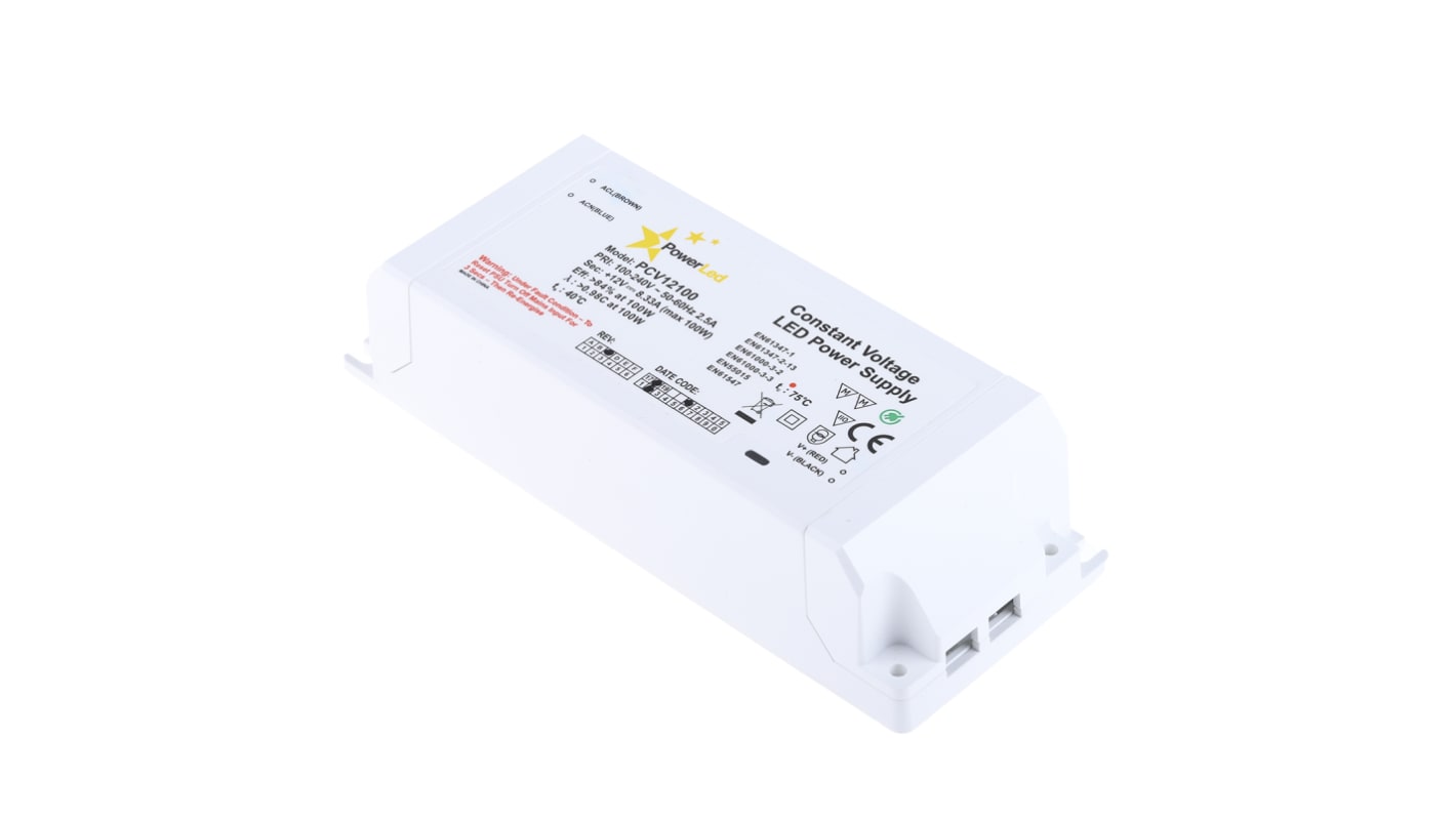 PCV12100 | PowerLED LED Driver, 12V Output, 100W Output, 8.33A Output, Constant Voltage | RS