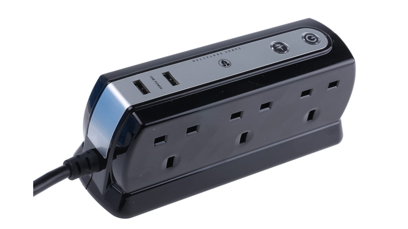 Type G - British, USB 6 Gang Extension socket, 2m Cable, 13A, Surge ...