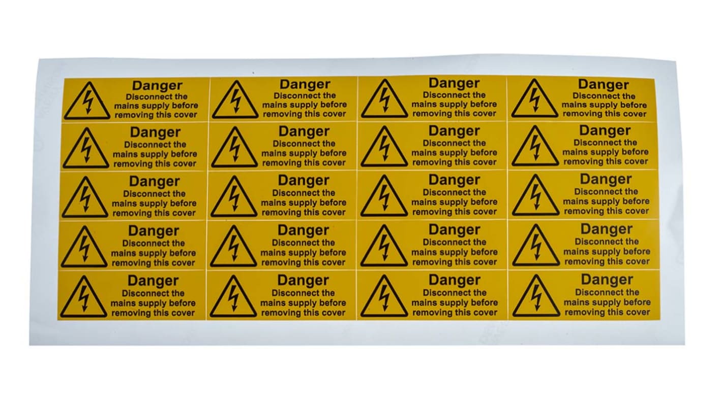 RS PRO Black/Yellow Vinyl Safety Labels, Danger Disconnect the mains ...