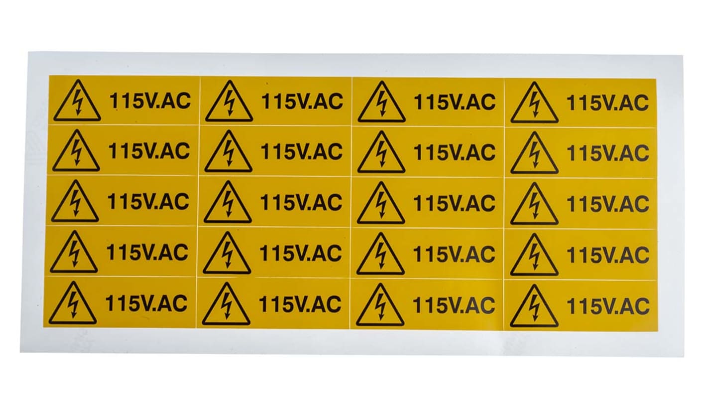 RS PRO Black/Yellow Vinyl Safety Labels, 115V AC-Text 20 mm x 60mm | RS
