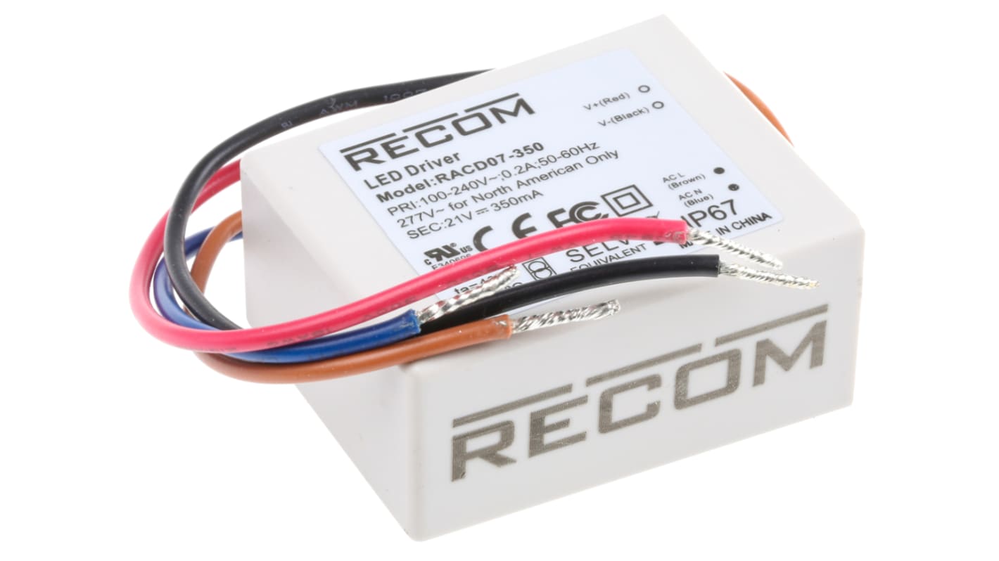 RACD07-350 | Recom LED Driver, 10 → 20V dc Output, 7W Output, 350mA Output, Constant Current ...