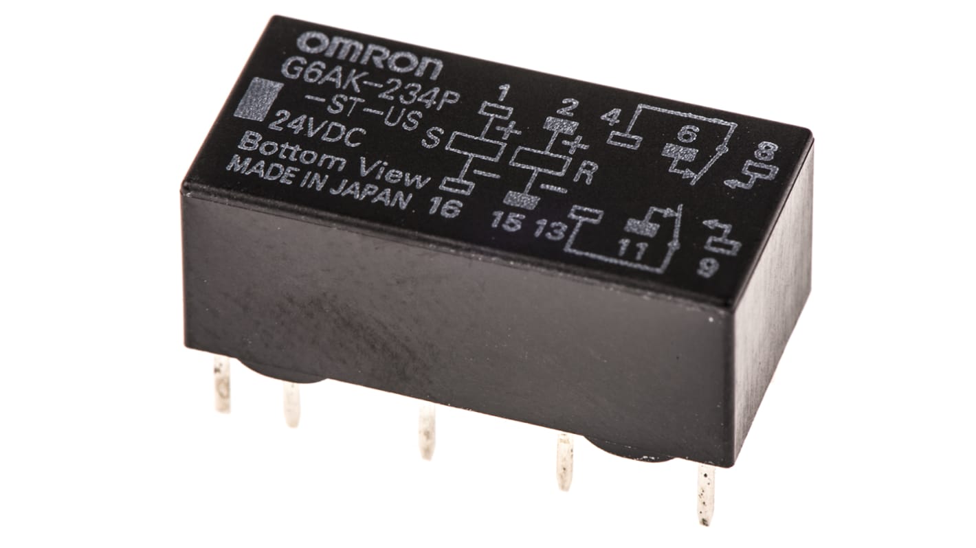 G6AK234PSTUS24DC | Omron PCB Mount Latching Relay, 24V dc Coil, 1A Switching Current, DPDT | RS
