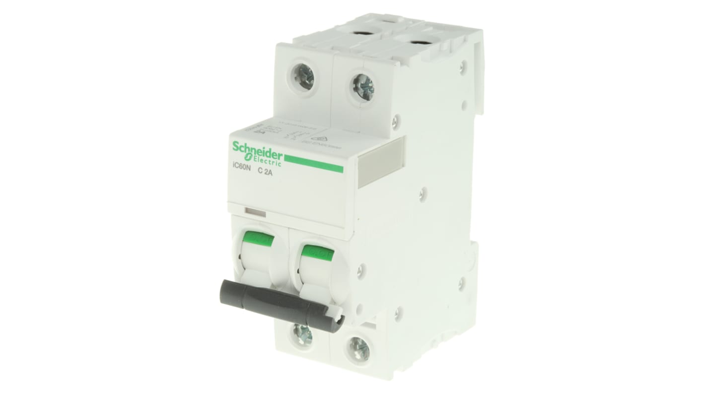 A9F44202 | Schneider Electric Acti 9 iC60N MCB Mini Circuit Breaker2P, 2A Curve C, 12 → 133V AC ...