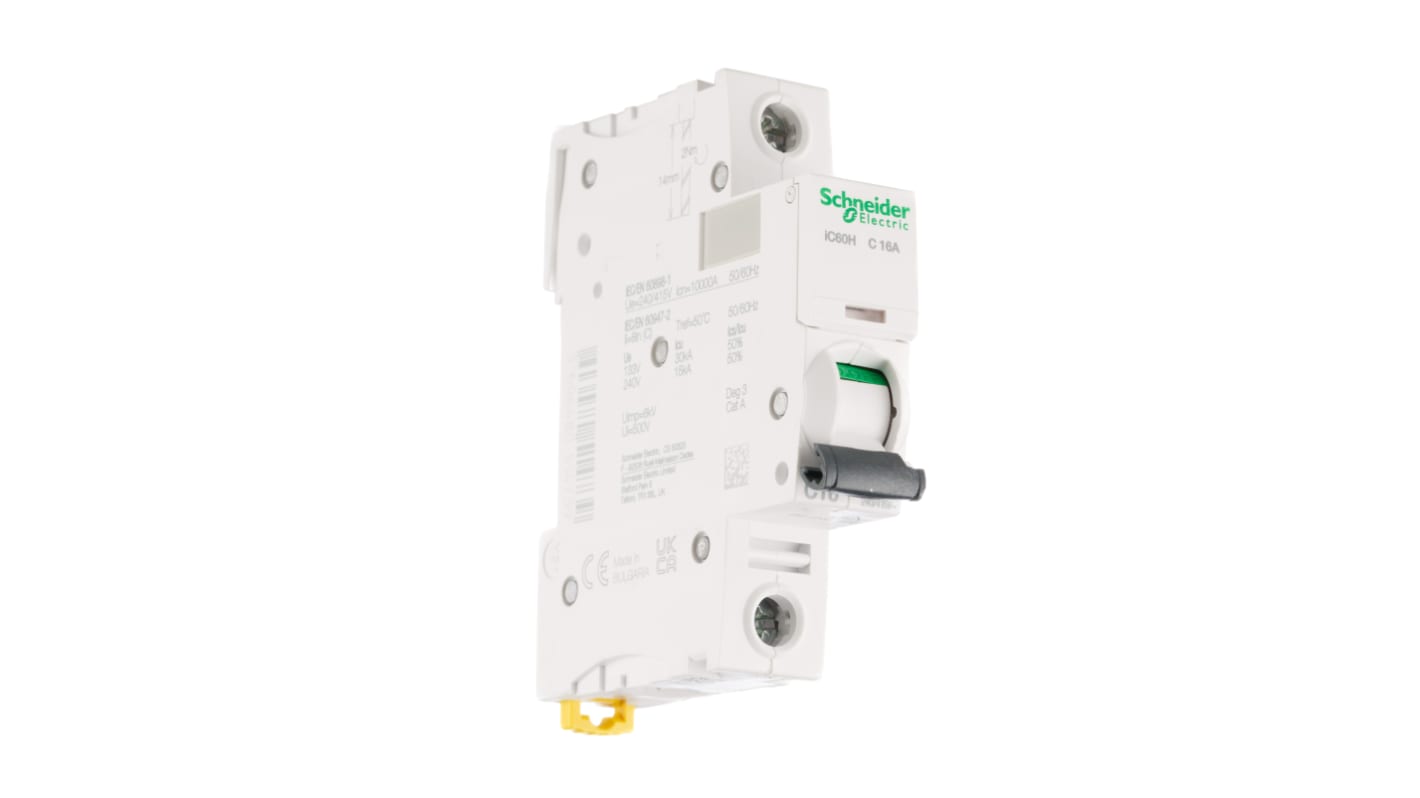 A9F54116 | Schneider Electric Acti 9 iC60H MCB, 1P, 16A Curve C, 100 → 133V AC, 72V DC, 10 kA ...
