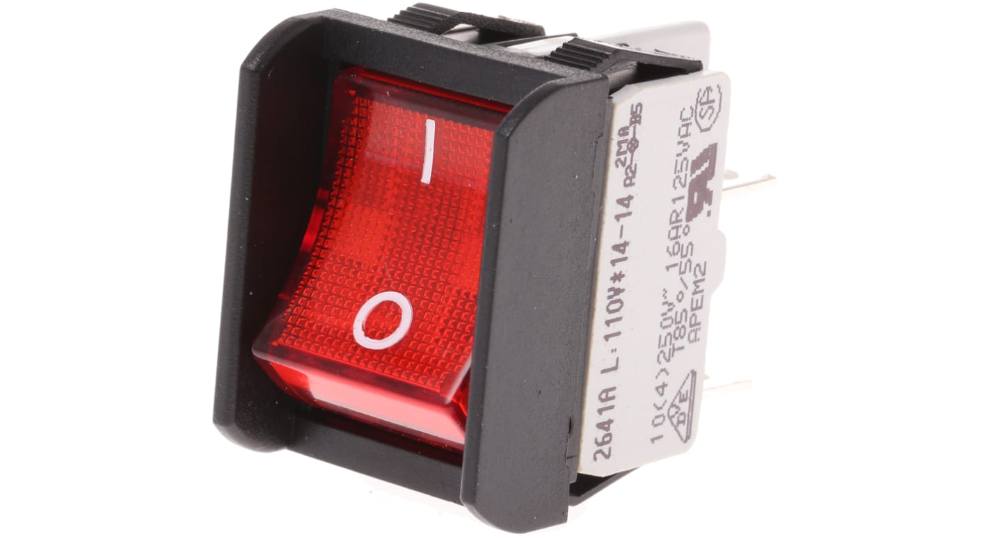 2641LP/2A23621L110V | APEM Illuminated DPST, On-Off Rocker Switch Panel Mount | RS