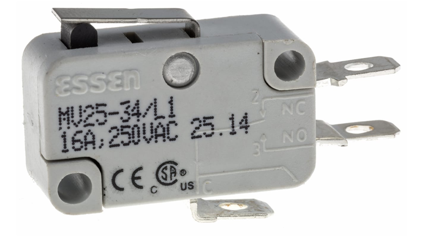 RS PRO Short Lever Micro Switch, Quick Connect Terminal, 16 A @ 250 V ...