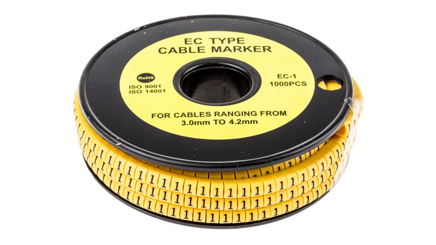 RS PRO Slide On Cable Markers, Black on Yellow, Pre-printed "1", 3 → 4 ...