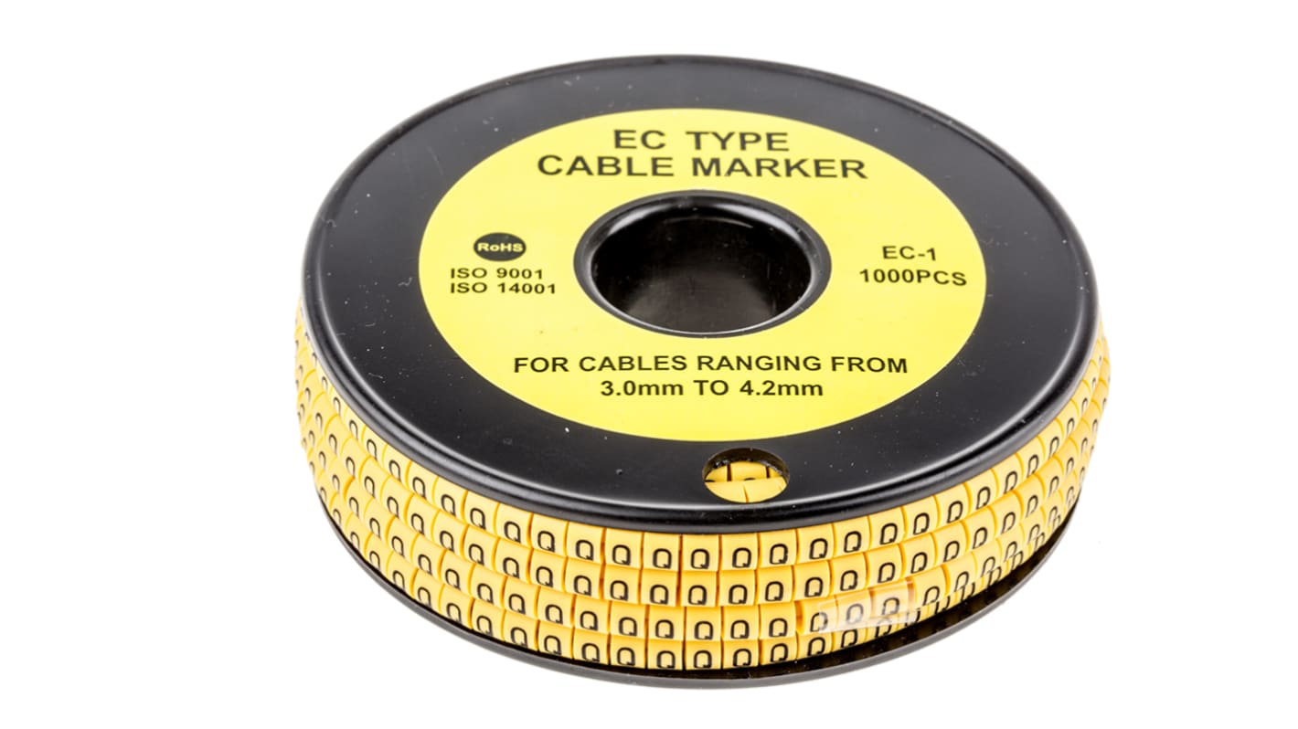 RS PRO Slide On Cable Markers, Black on Yellow, Pre-printed "Q", 3 → 4 ...