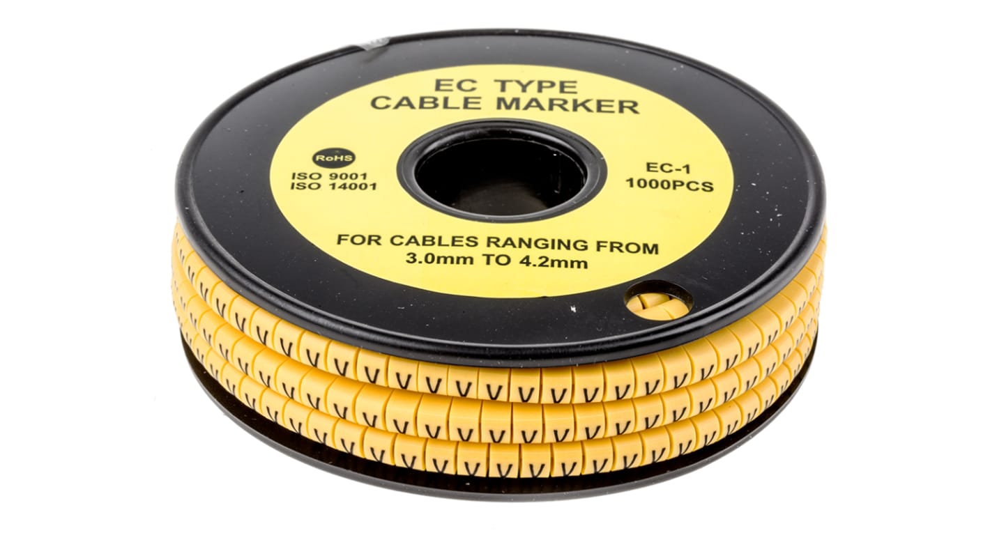 RS PRO Slide On Cable Markers, Black on Yellow, Pre-printed "V", 3 → 4 ...