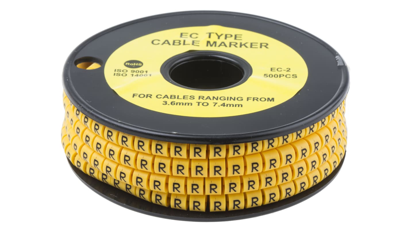 RS PRO Slide On Cable Markers, Black on Yellow, Pre-printed "R", 3.6 → ...