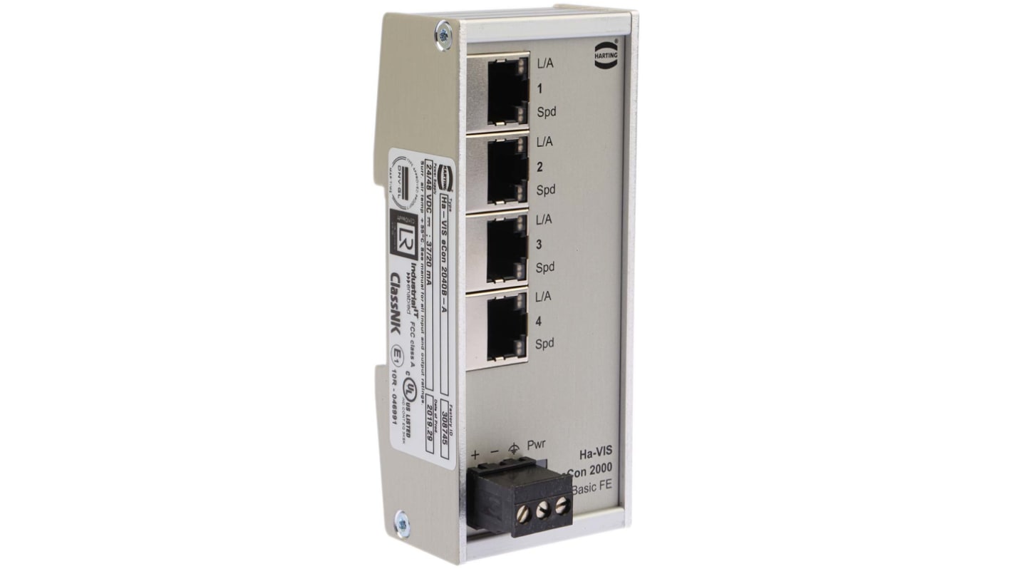 24020040010 | HARTING DIN Rail Mount Ethernet Switch, 4 RJ45 Ports, 10 ...