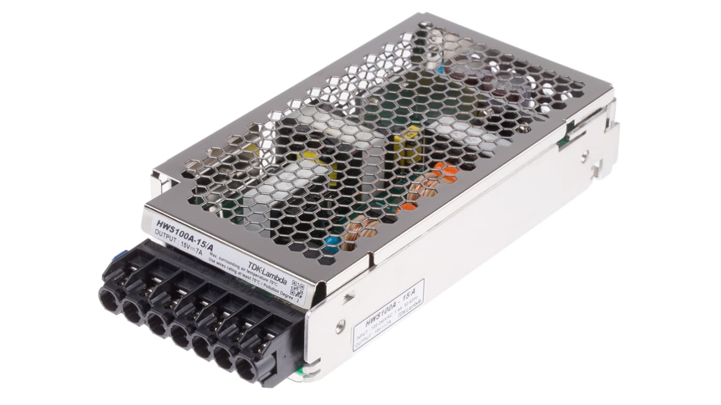 TDK-Lambda Switching Power Supply, HWS100A-15/A, 15V dc, 7A, 100W, 1 Output, 120 → 370 V dc, 85 ...