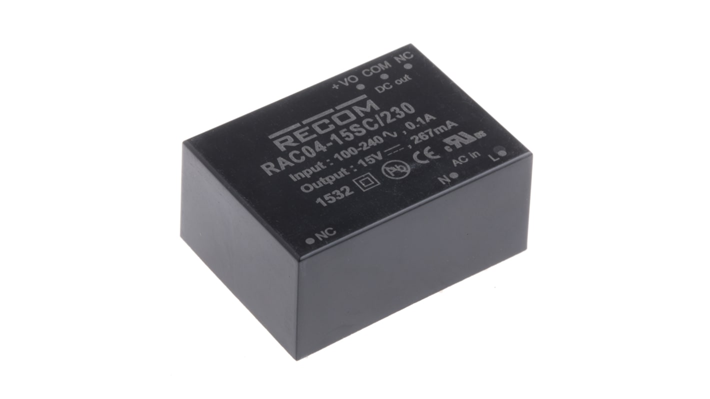 Recom Switching Power Supply, RAC04-15SC/230, 15V dc, 267mA, 4W, 1 ...