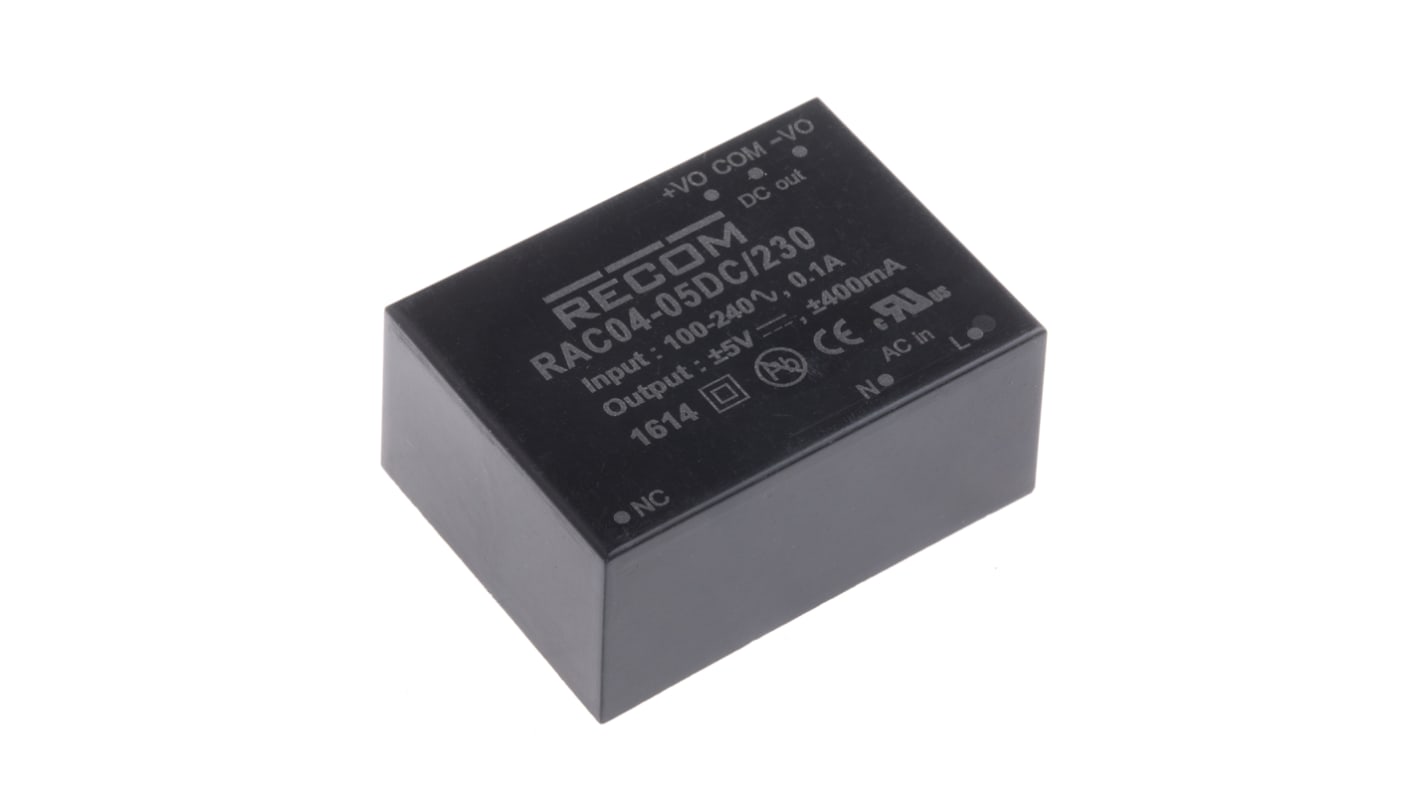 Recom Switching Power Supply, RAC04-05DC/230, 5V dc, 400mA, 4W, Dual ...