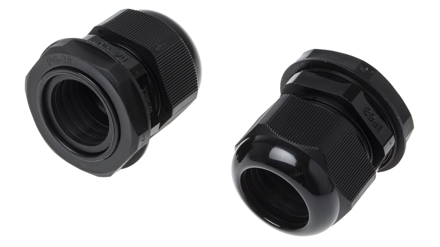 RS PRO Black Nylon Cable Gland, PG29 Thread, 18mm Min, 25mm Max, IP68 | RS