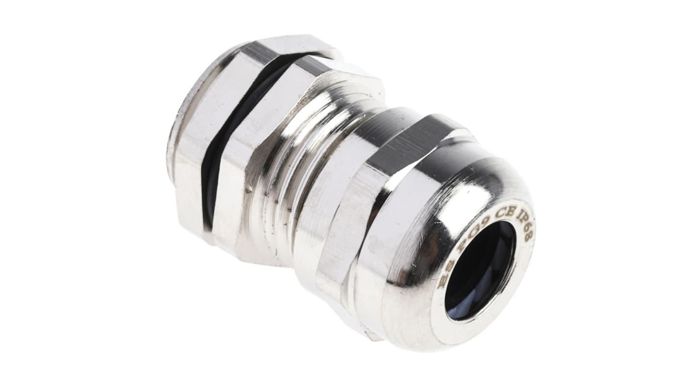 RS PRO Metallic Nickel Plated Brass Cable Gland, PG9 Thread, 4mm Min ...