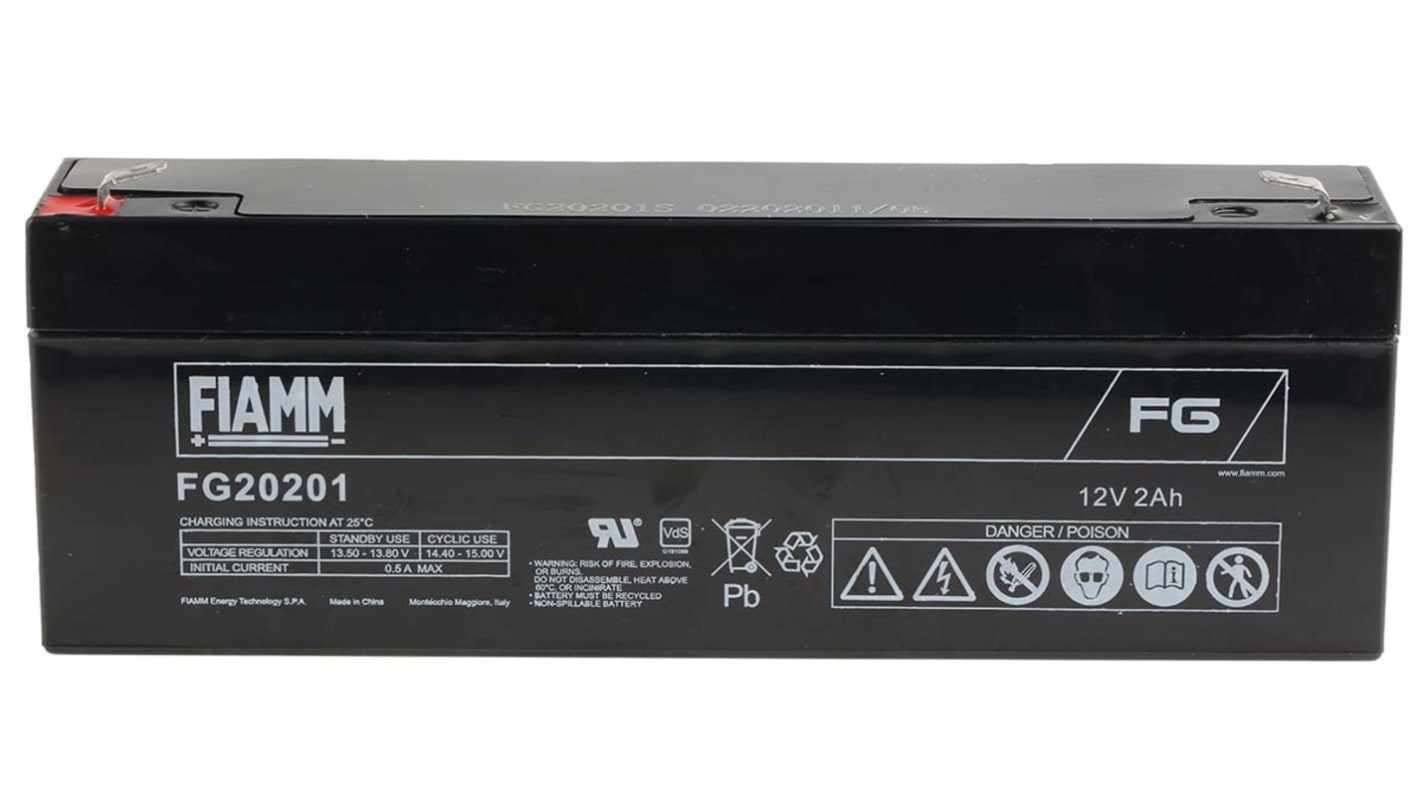 FG20201 | Fiamm 12V Faston F1 Sealed Lead Acid Battery, 2Ah | RS