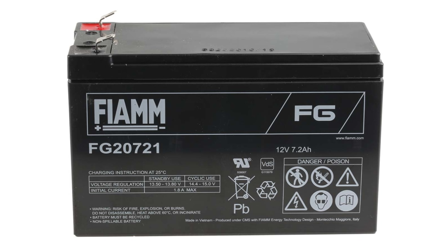 FG20721 | Fiamm 12V Faston F1 Sealed Lead Acid Battery, 7.2Ah | RS