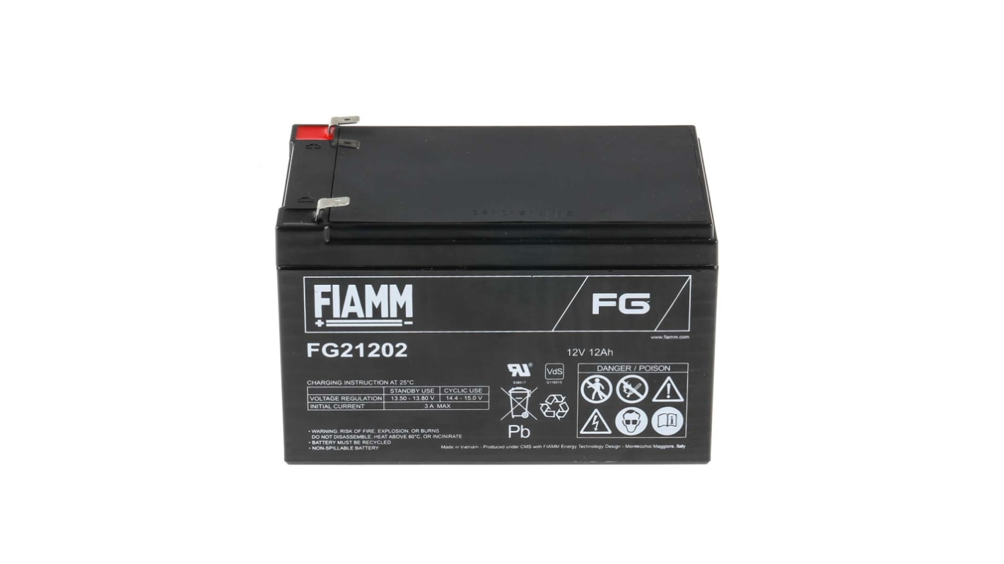 FG21202 | Fiamm 12V Faston F2 Sealed Lead Acid Battery, 12Ah | RS