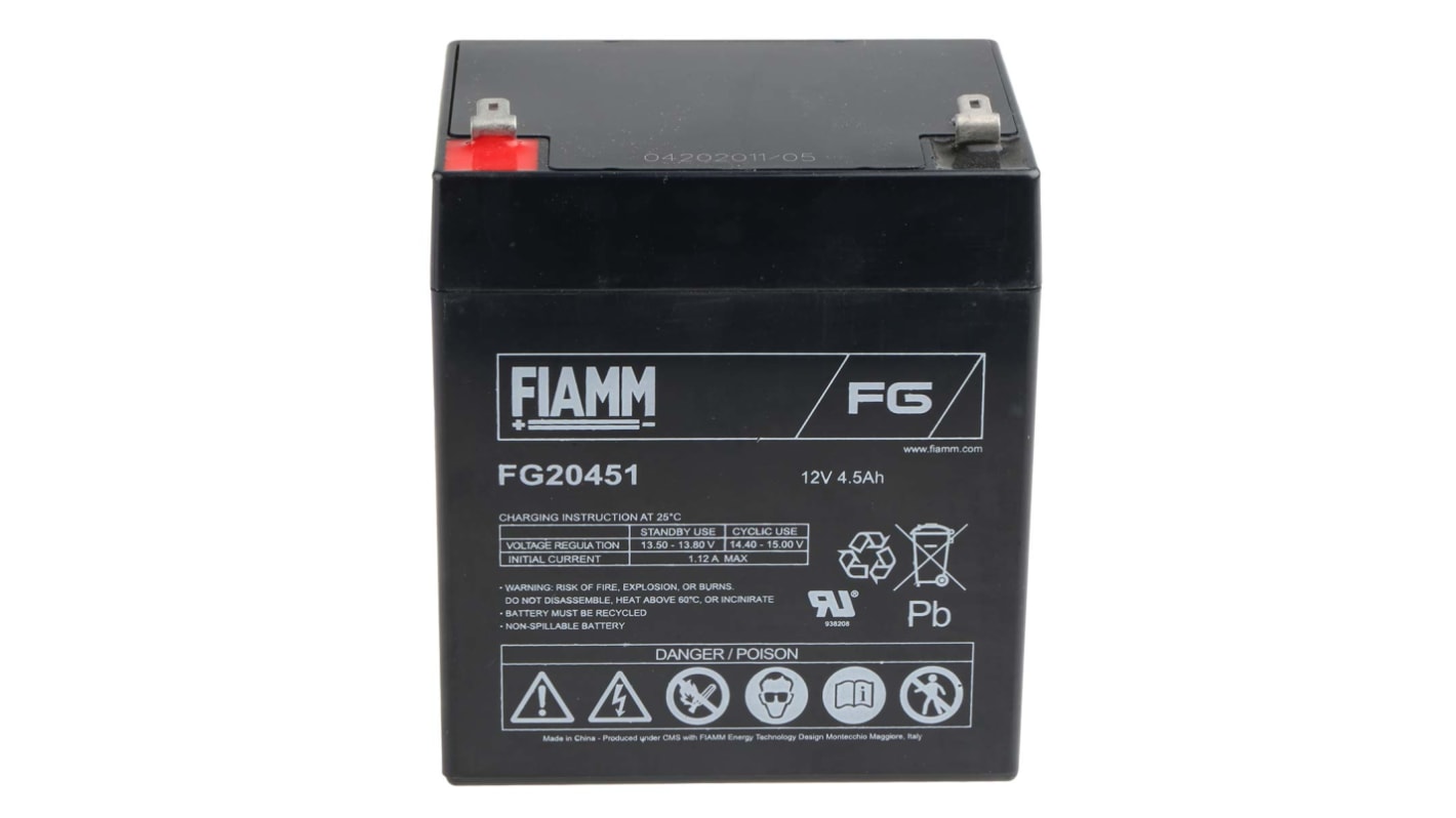 FG20451 | Fiamm 12V Faston F1 Sealed Lead Acid Battery, 4.5Ah | RS