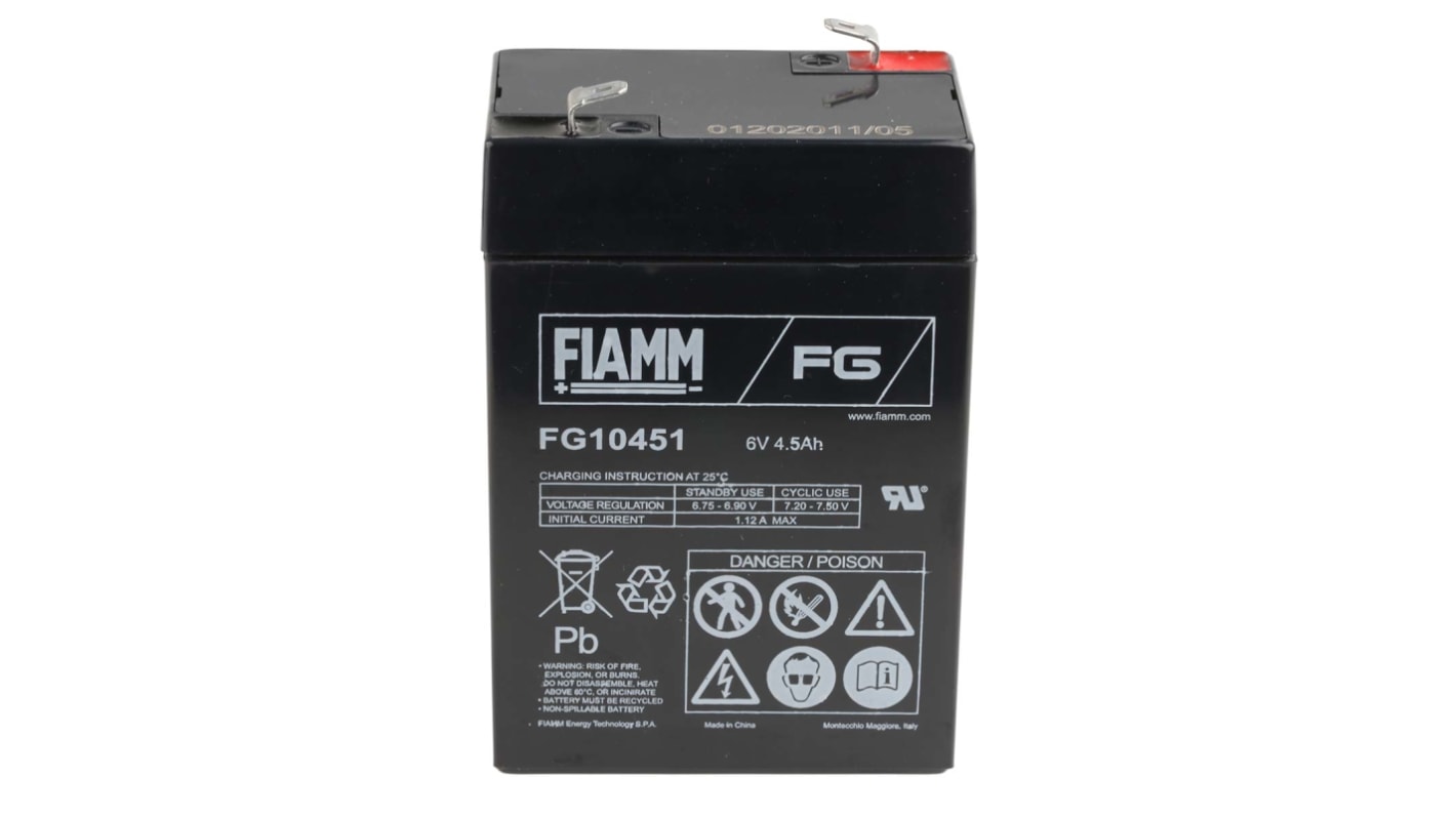 FG10451 | Fiamm 6V Faston F1 Sealed Lead Acid Battery, 4.5Ah | RS