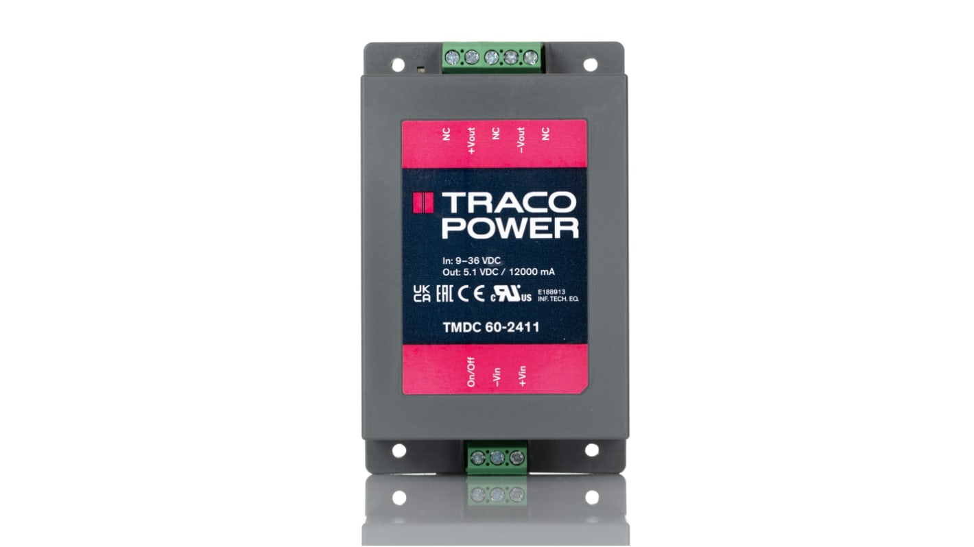 TMDC 60-2411 | TRACOPOWER TMDC 60 DC-DC Converter, 5.1V dc/ 12A Output, 9 → 36 V dc Input, 60W ...