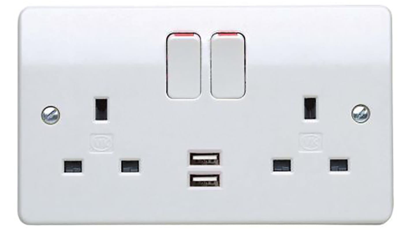 K2743WHI | MK Electric 2 Gang 13A and USB Socket, 2+E Poles, 13A, Type ...