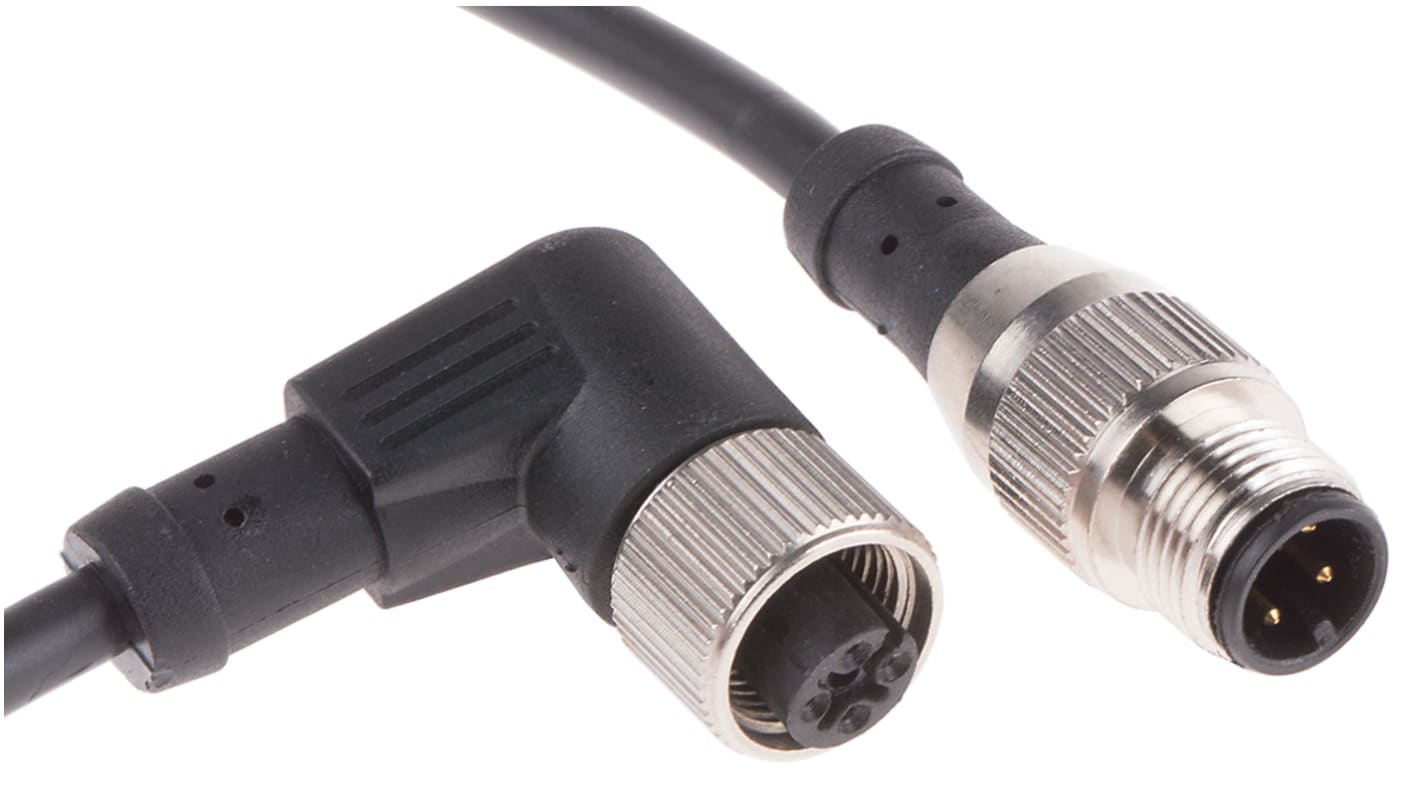 RS PRO Right Angle Female 4 way M12 to Straight Male 4 way M12 Sensor Actuator Cable, 2m | RS
